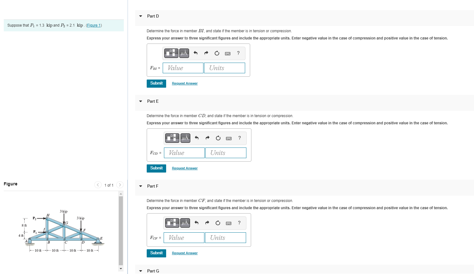 Solved Suppose that P1=1.3kip and P2=2.1kip. Determine the | Chegg.com