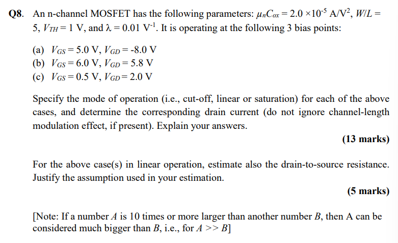 Solved An n-channel MOSFET has the following parameters: | Chegg.com