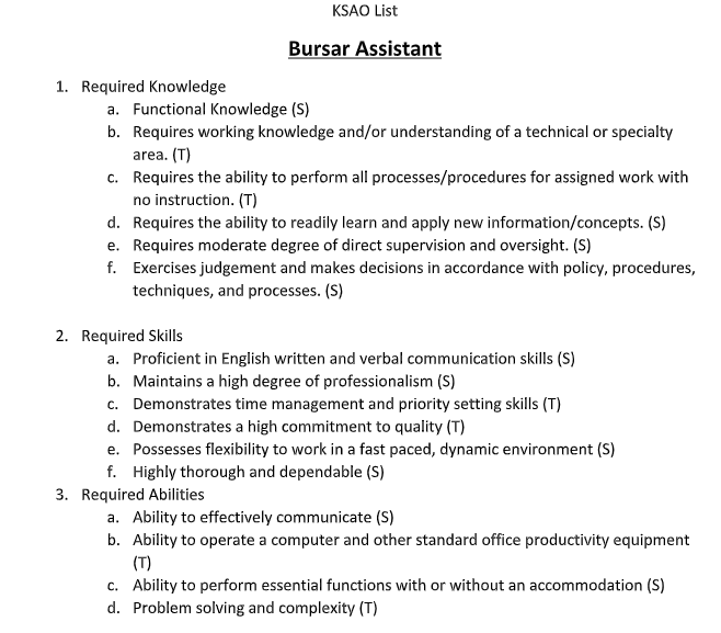 Using the KSAO list developed earlier in the | Chegg.com