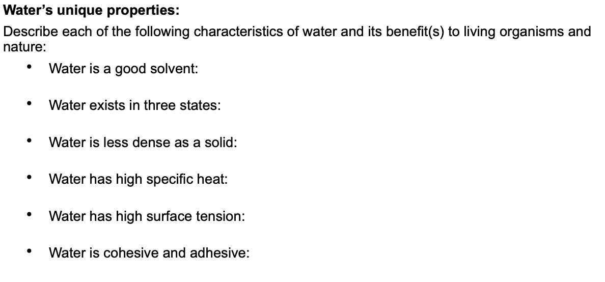 Water's unique properties: Describe each of the | Chegg.com