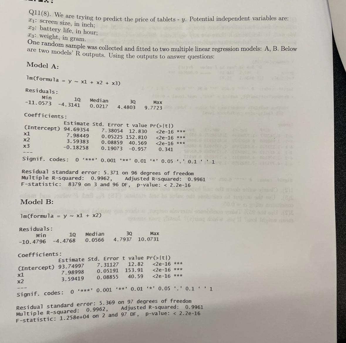 Solved Q11(8). We ﻿are trying to ﻿predict the price of | Chegg.com