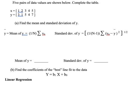 Solved Five Pairs Of Data Values Are Shown Below. Complete 
