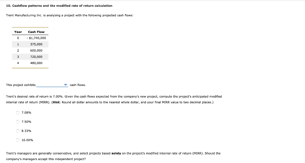 Solved 10. Cashflow patterns and the modified rate of return | Chegg.com