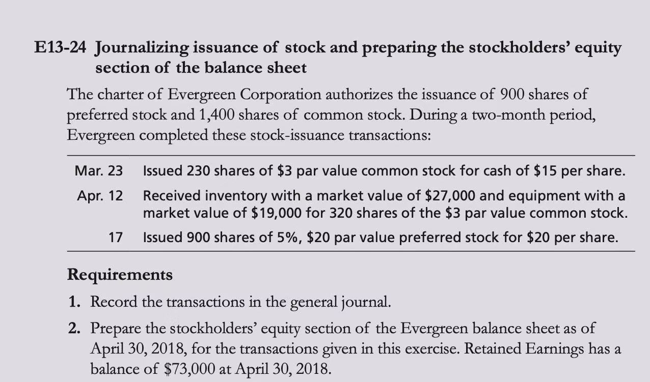 Solved E13-24 Journalizing issuance of stock and preparing | Chegg.com