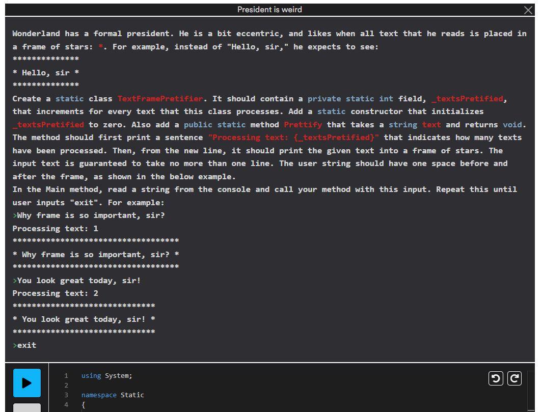 Solved President is weird C# Wonderland has a formal | Chegg.com