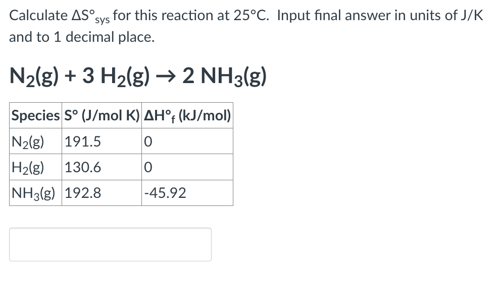 Solved Calculate ΔS∘sys for this reaction at 25∘C. Input | Chegg.com