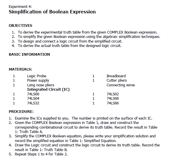Solved Experiment 4: Simplification of Boolean Expression | Chegg.com