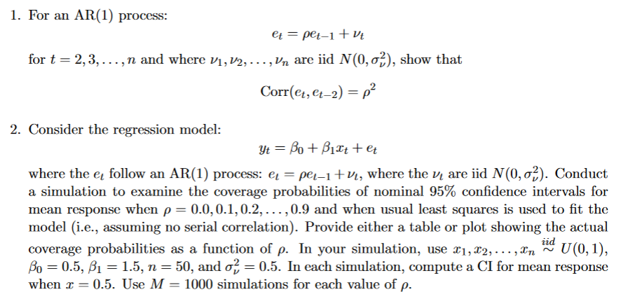 Solved 1. For an AR(1) process: et=ρet−1+νt for t=2,3,…,n | Chegg.com