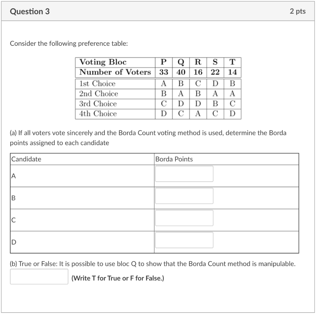Solved Question 3 2 pts Consider the following preference | Chegg.com