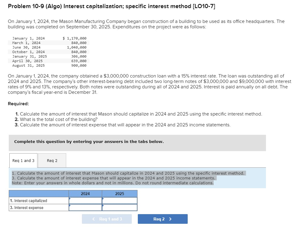 Solved Problem 10-9 (Algo) Interest capitalization; specific | Chegg.com