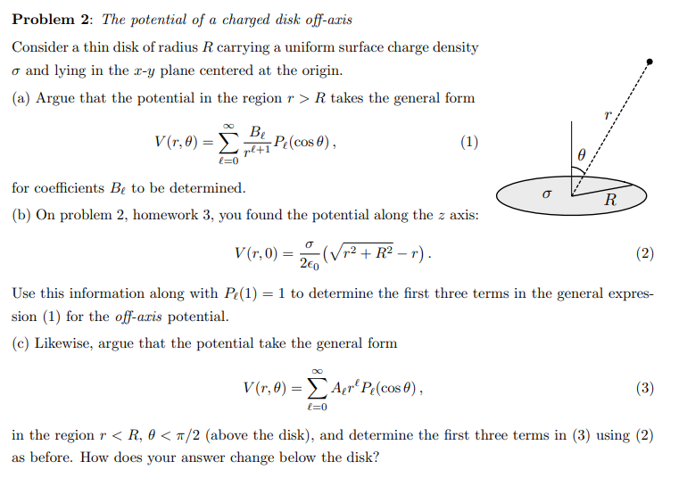 Solved Problem 2: The potential of a charged disk off-axis | Chegg.com