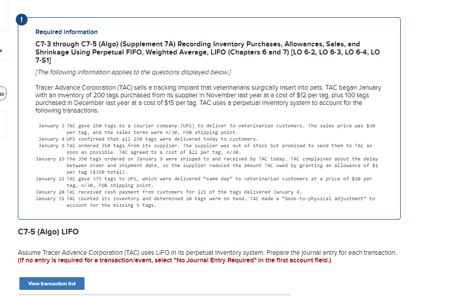 Solved Required Information C7.3 through C7.5 (Algo) | Chegg.com