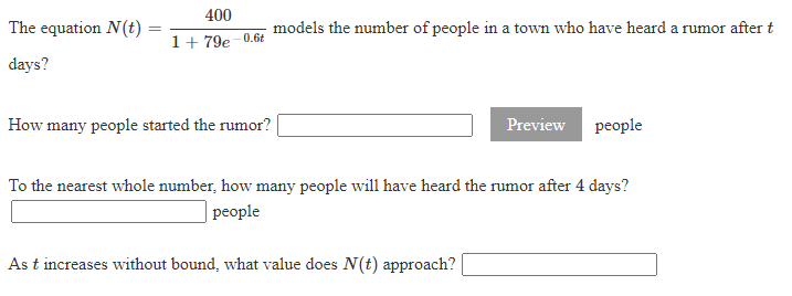 Solved The equation N(t)=1+79e−0.6t400 models the number of | Chegg.com