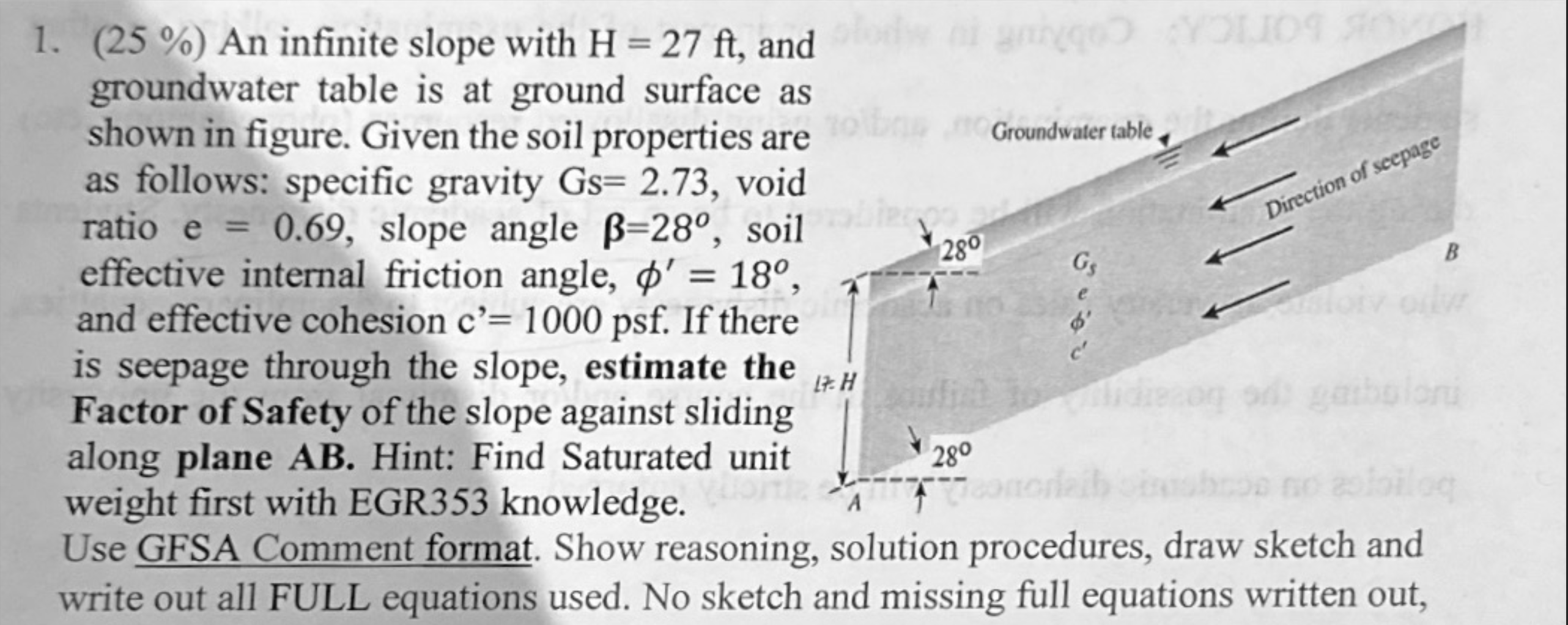 Solved 1. ( 25%) An infinite slope with H=27ft, anc | Chegg.com