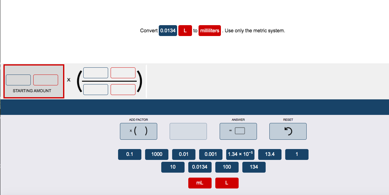Solved Convert 0.0134 L to milliliters. Use only the metric | Chegg.com