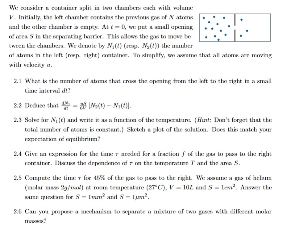 Solved We consider a container split in two chambers each | Chegg.com