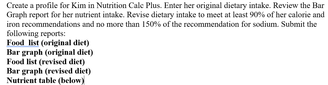 Create a profile for Kim in Nutrition Calc Plus. | Chegg.com