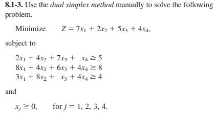 Solved 8.1-3. Use the dual simplex method manually to solve | Chegg.com