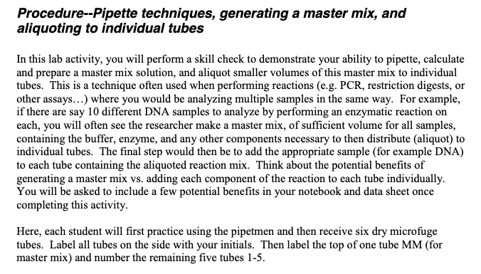 Solved Procedure--Pipette techniques, generating a master | Chegg.com