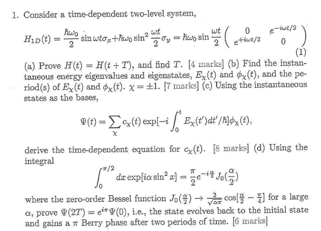 Solved 1. Consider a time-dependent two-level system, | Chegg.com