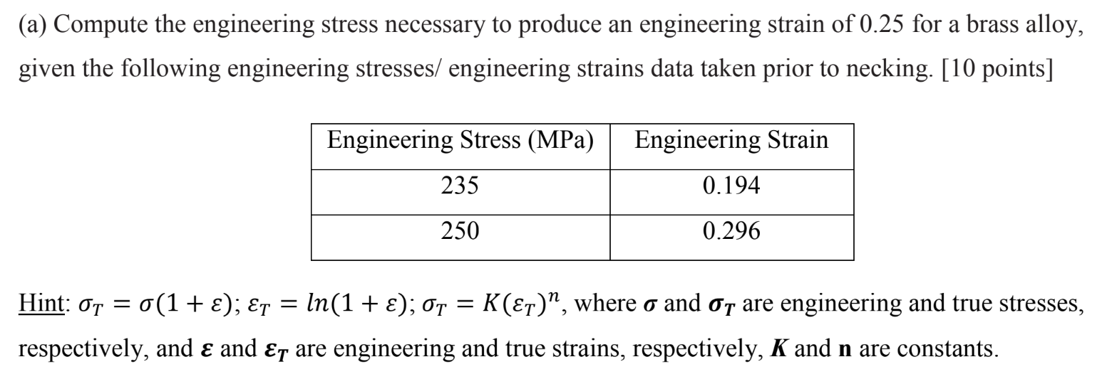 (a) Compute the engineering stress necessary to | Chegg.com
