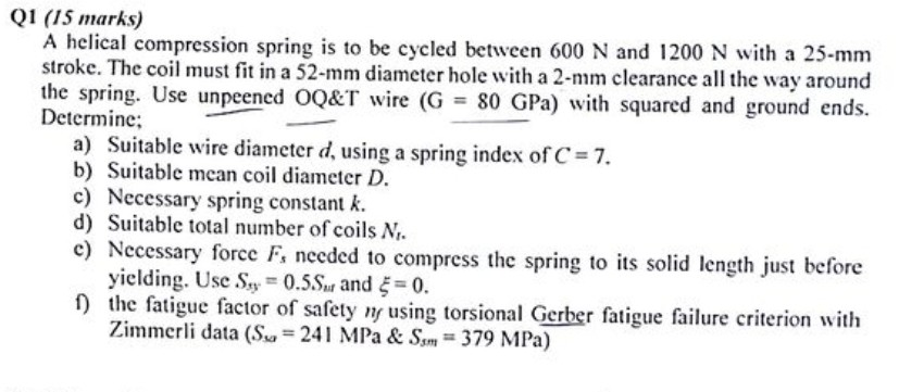 Solved Q1 (15 marks) A helical compression spring is to be | Chegg.com