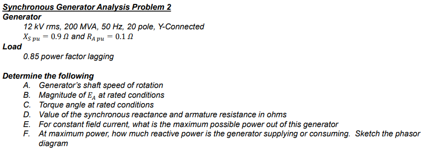 Solved Synchronous Generator Analysis Problem 2 Generator 12 | Chegg.com
