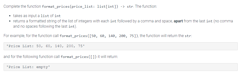 Solved Complete the function format_prices (price_list: list | Chegg.com
