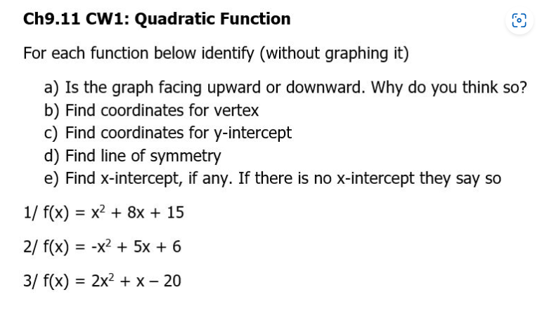 Solved Ch9.11 CW1: Quadratic Function [0] For each function | Chegg.com