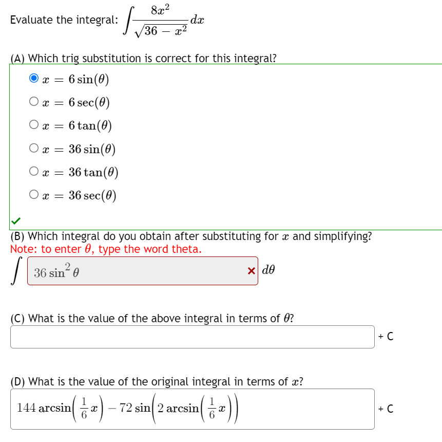 Solved Evaluate the integral: ∫36−x28x2dx (A) Which trig | Chegg.com