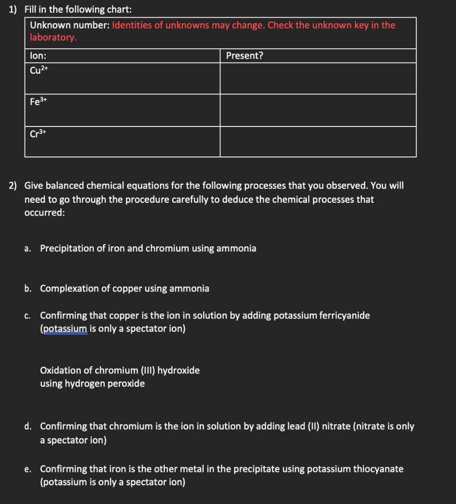Solved 1) Fill in the following chart: Unknown number: | Chegg.com