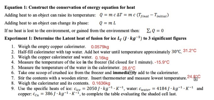Solved Experiment 1 Determine the Latent heat of fusion for | Chegg.com