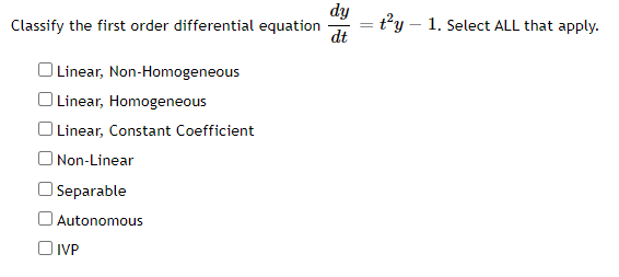 Solved Classify the first order differential equation dy dt | Chegg.com