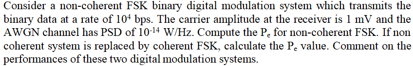 Solved Consider a non-coherent FSK binary digital modulation | Chegg.com