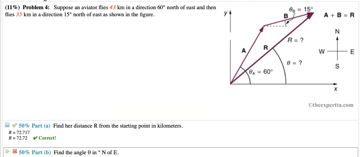 Solved (11%) Problem 4: Suppose an aviator flies 43 km in a | Chegg.com