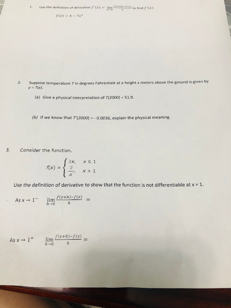 Solved 1. Use the definition of derivative f'(x) = lim ** -1 | Chegg.com