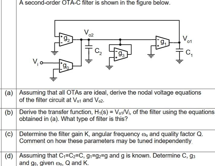 Solved A second-order OTA-C filter is shown in the figure | Chegg.com