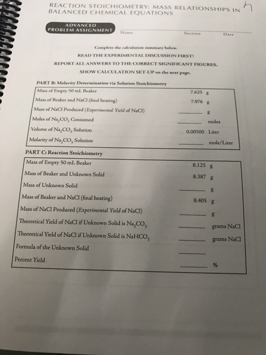 Solved REACTION STOICHIOMETRY: MASS RELATIONSHIPS IN | Chegg.com