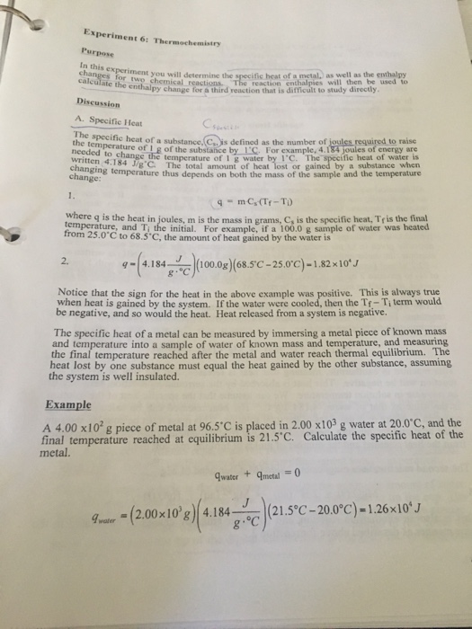 Solved Experiment 6: Thermochemistry Purpose In this ex | Chegg.com