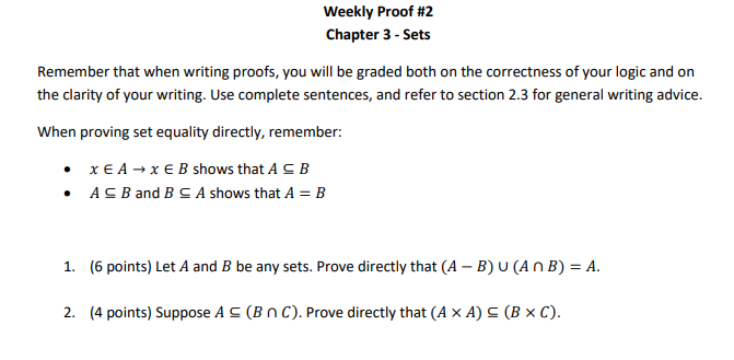 Solved Weekly Proof #2 Chapter 3 - Sets Remember that when | Chegg.com