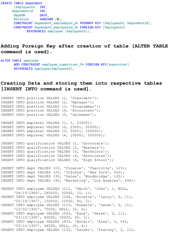 Solved Code for Creation of Tables where Fields and Primary | Chegg.com