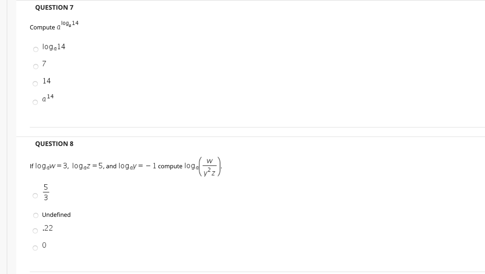 Solved QUESTION 7 Compute a log,14 o log214 7 14 O914 | Chegg.com