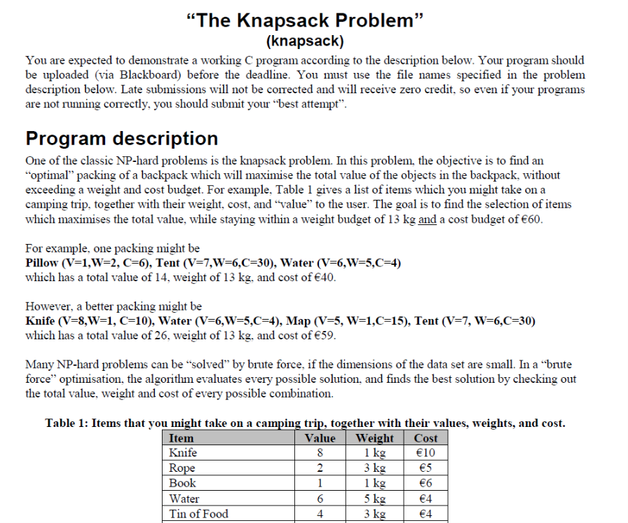 Solved "The Knapsack Problem" (knapsack) You are expected to | Chegg.com