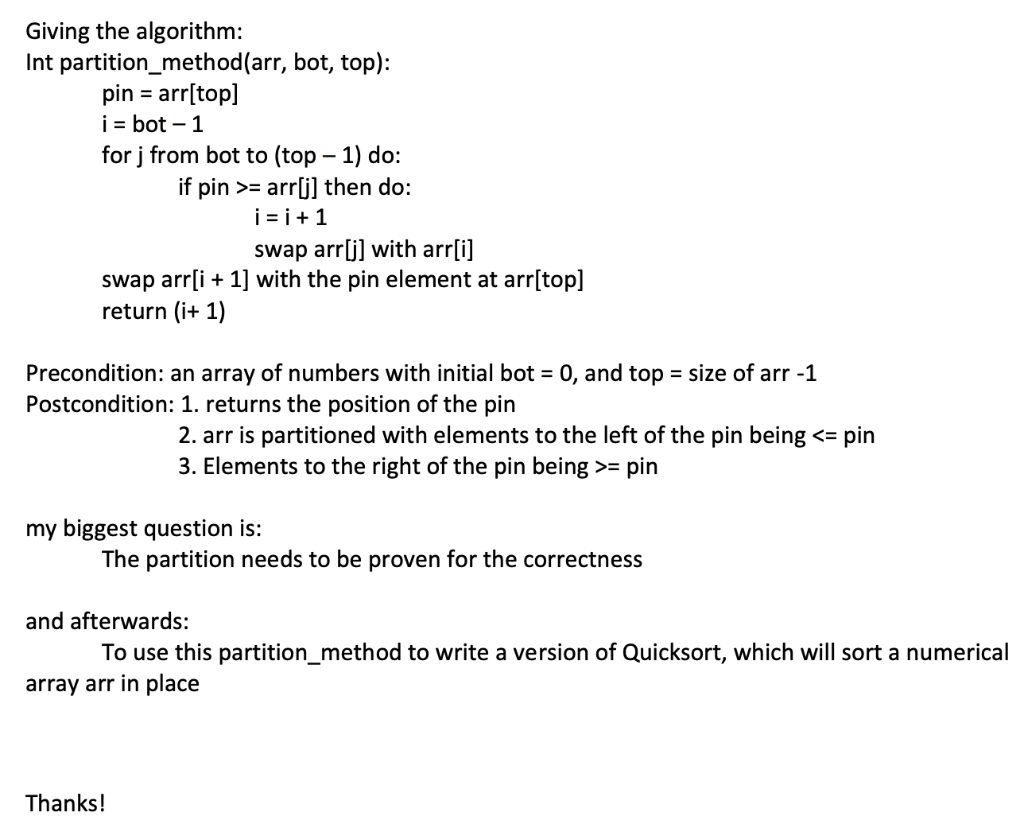 Solved Giving the algorithm: Int partition_method (arr, bot, | Chegg.com