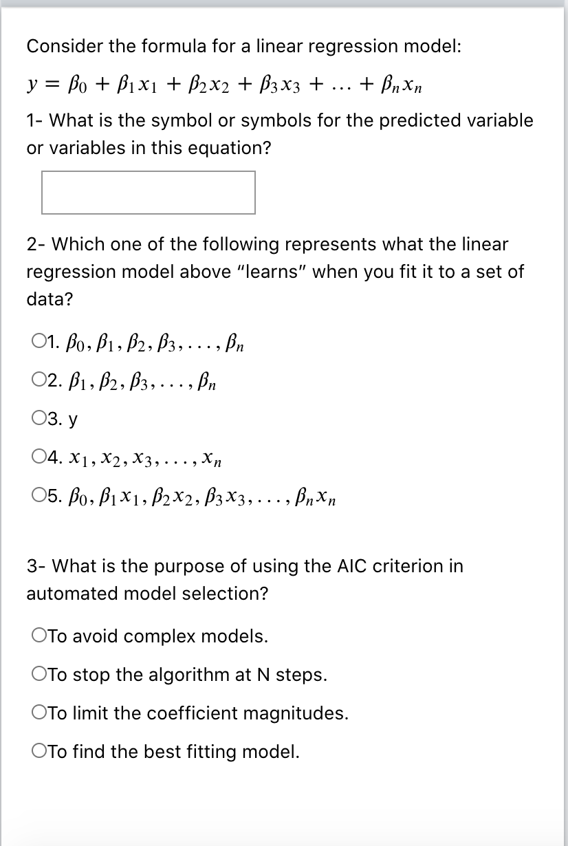 Solved Consider the formula for a linear regression model: y | Chegg.com