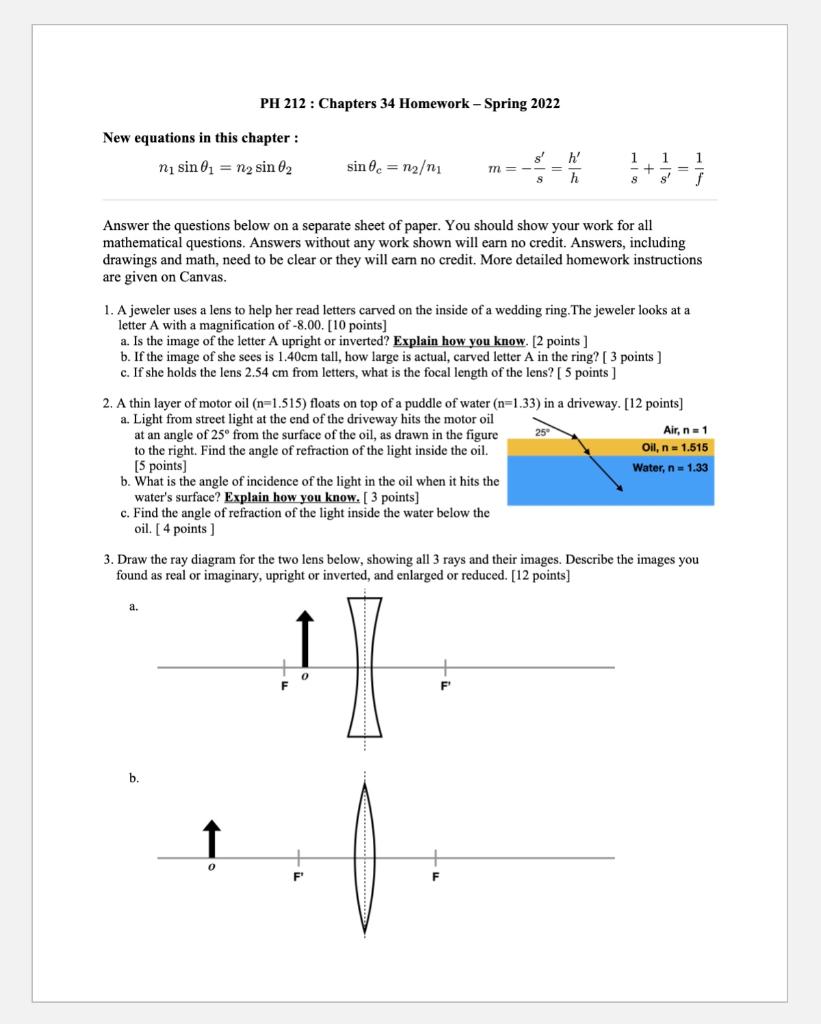 Solved PH 212: Chapters 34 Homework - Spring 2022 New | Chegg.com