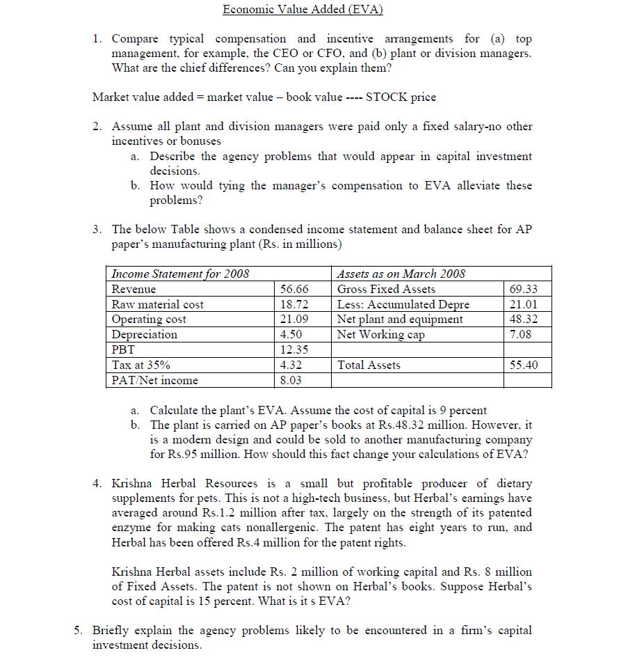 Solved Economic Value Added (EVA)1. ﻿Compare typical | Chegg.com