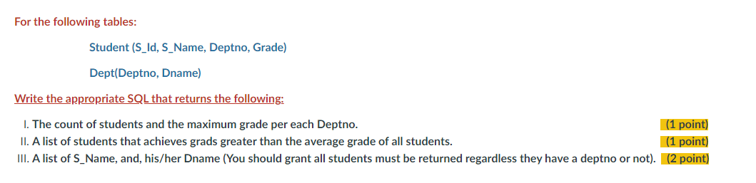 Solved For the following tables: Student (S_Id, S_Name, | Chegg.com