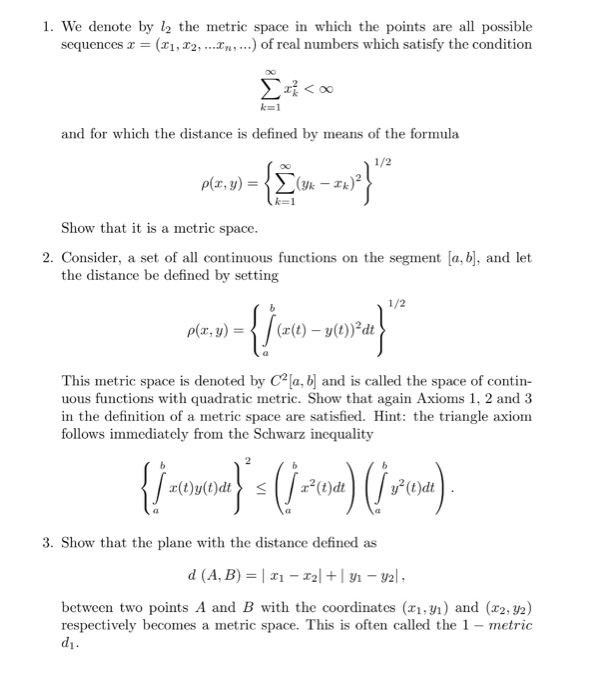 Solved 1. We denote by l2 the metric space in which the | Chegg.com