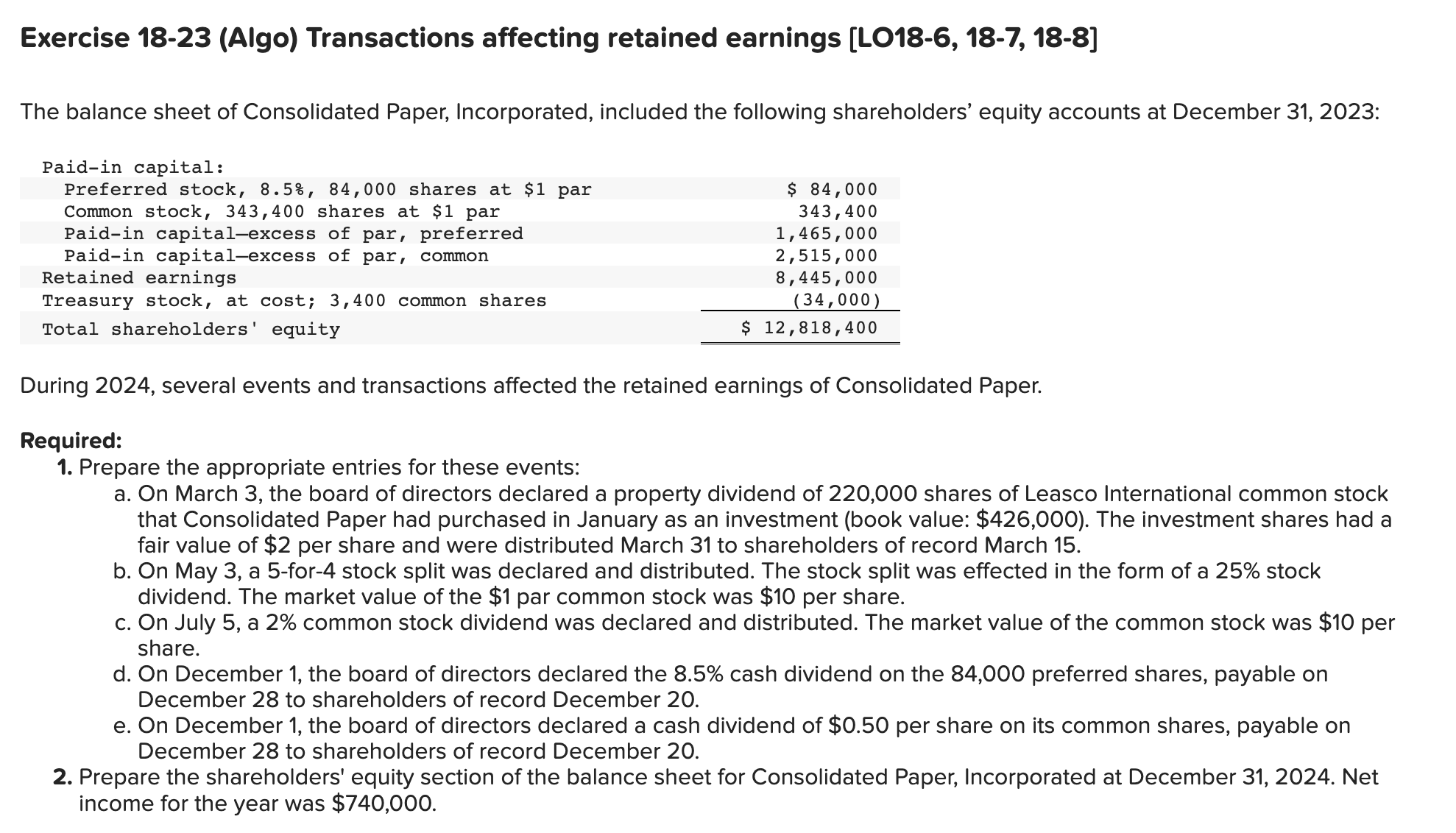 Solved Exercise 18-23 (Algo) Transactions affecting retained | Chegg.com